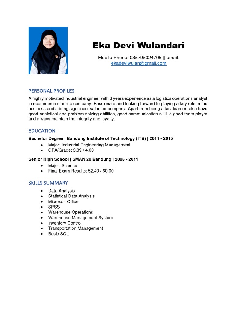 Curriculum Vitae - Eka Devi Wulandari (2019) PDF | PDF | Logistics | Data Analysis