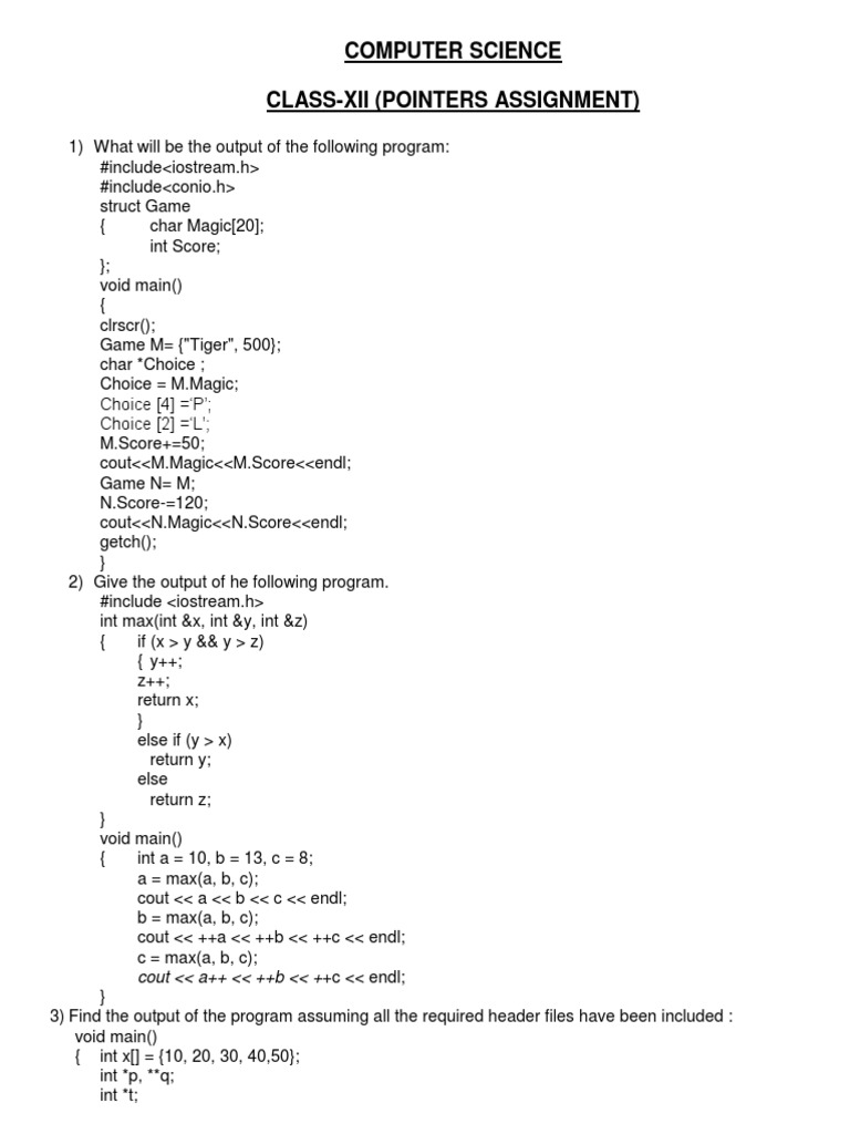 Computer Science Class Xii Pointers Assignment Cout A B C Endl Pdf Integer