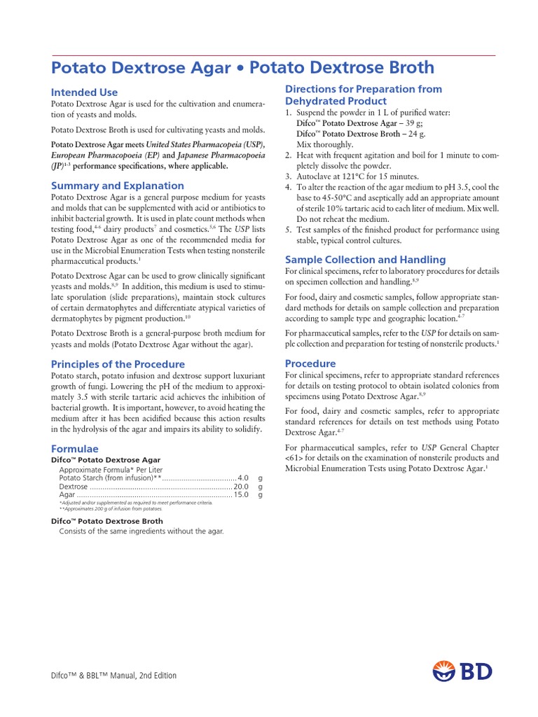 Potato Dextrose Agar - Potato Dextrose Broth: Intended Use Directions ...