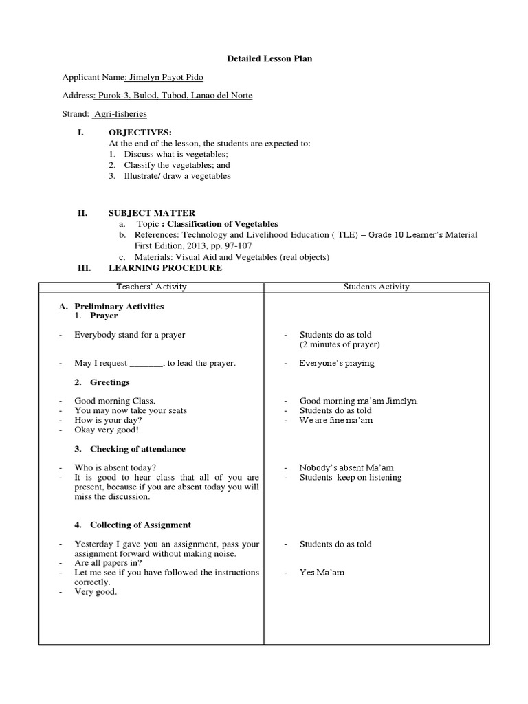 Detailed Lesson Plan | PDF | Vegetables | Fruit