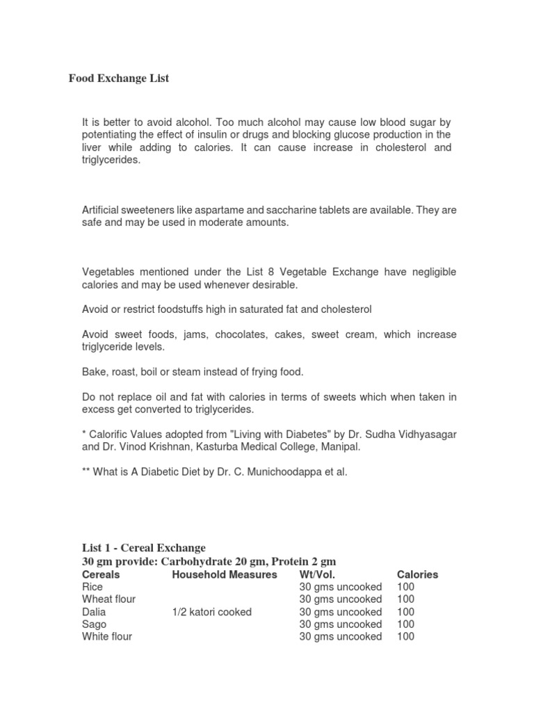 A Guide to Healthy Eating for Diabetes Management: Food Exchange Lists ...