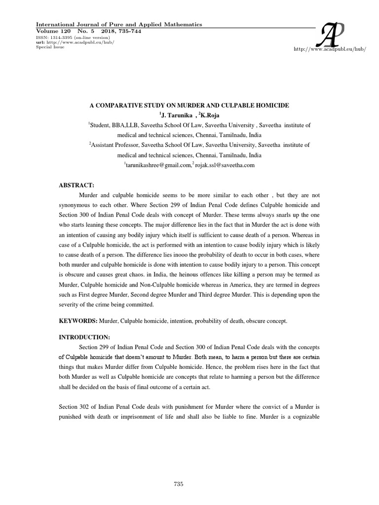 A Comparative Study On Murder and Culpable Homicide J. Tarunika, K.Roja | PDF | Murder | Crime ...