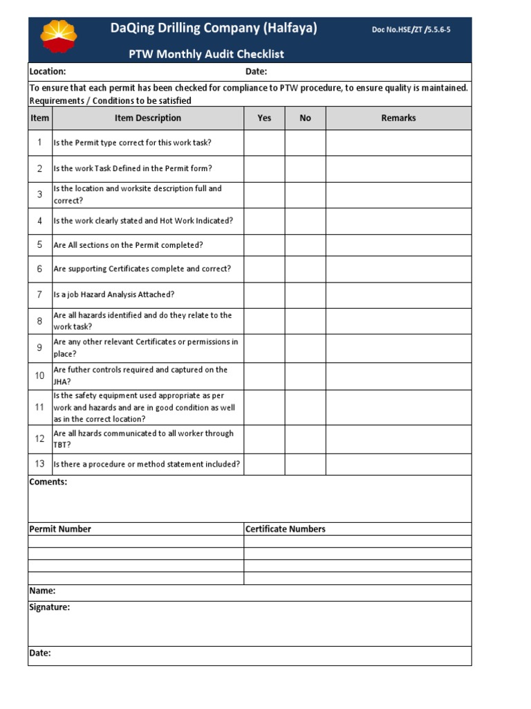 5.5.6-5 PTW Monthly Audit Form | PDF