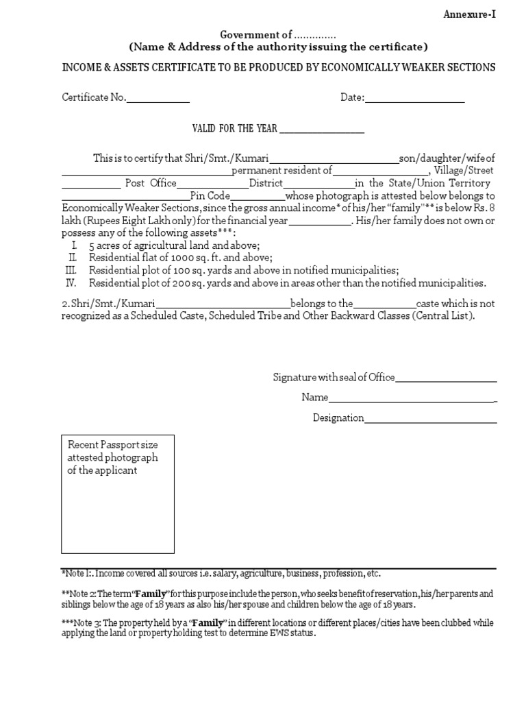 Economically Weaker Section EWS Certificate Format PDF | PDF