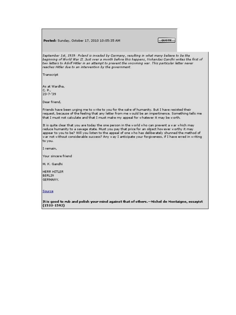 Gandhi's 1939 Letter to Hitler | PDF