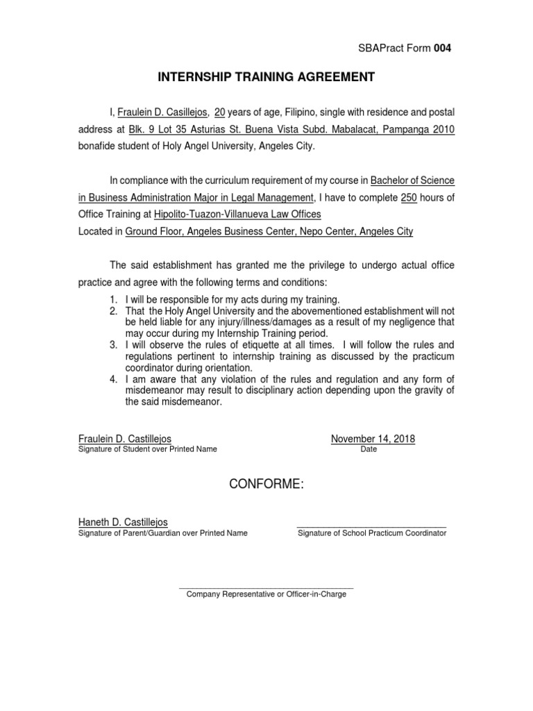 Internship Training Agreement - Blank | PDF