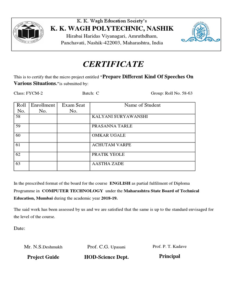 Certificate: K. K. Wagh Polytechnic, Nashik | PDF | Speech | Information