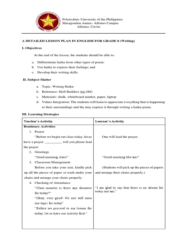 A Detailed Lesson Plan in English For Grade 8 | PDF | Haiku | Poetry