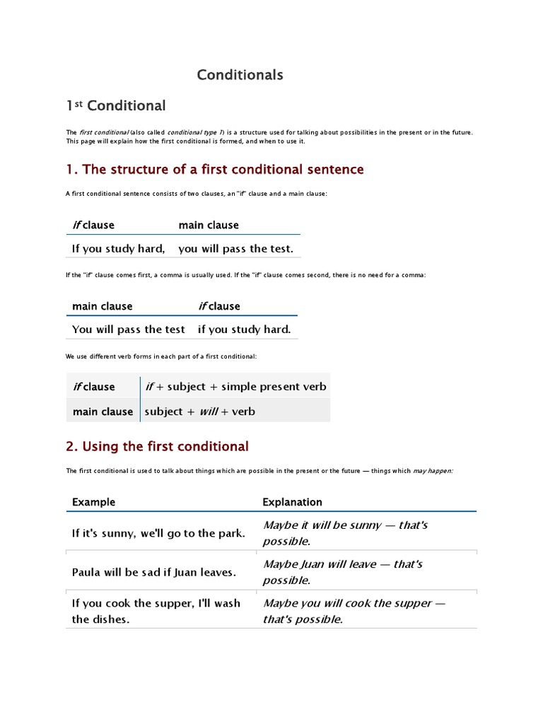 Conditionals 1 Conditional: 1. The Structure of A First Conditional Sentence | Download Free PDF ...