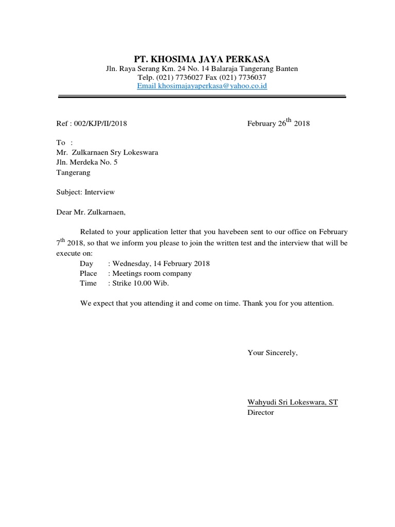 Interview Invitation for Zulkarnaen Sry | PDF