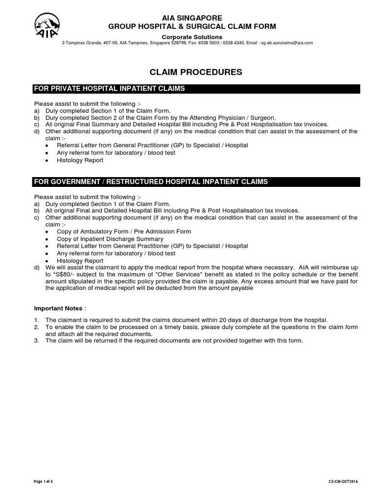 Aon - Aia Ghs Claim Form - Oct 2014 | PDF | General Practitioner | Surgery