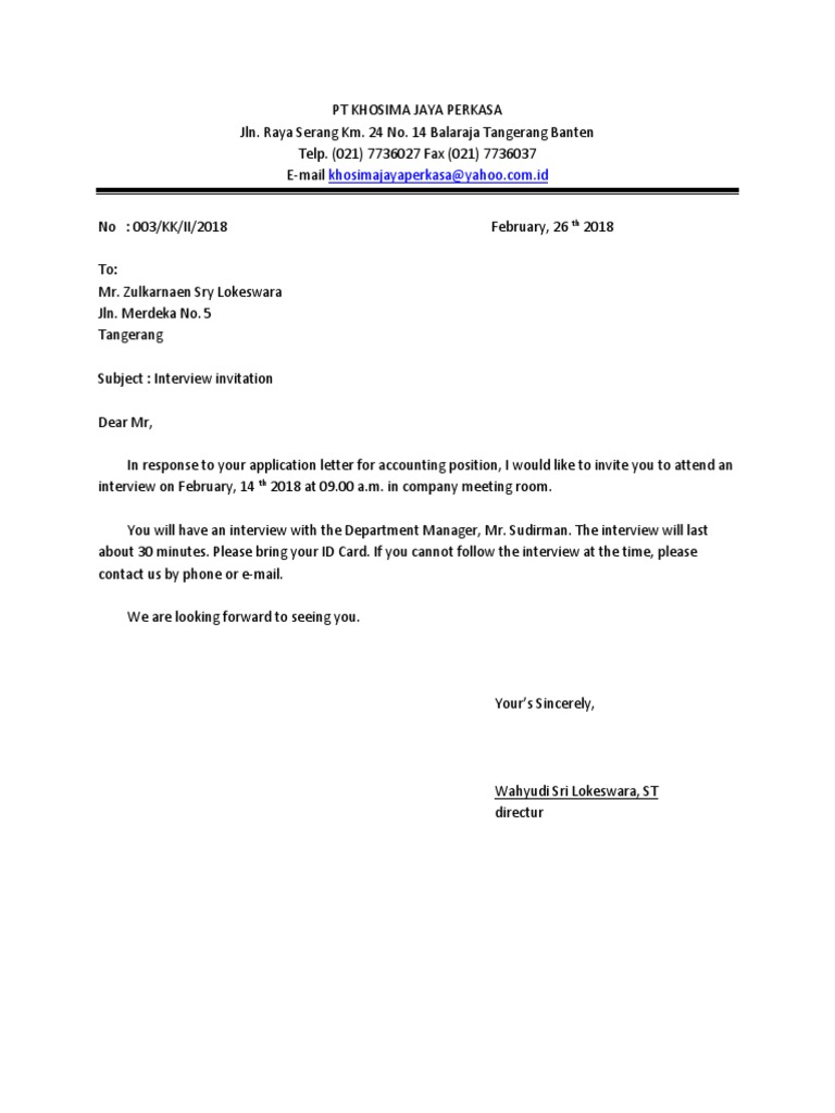 PT KHOSIMA JAYA PERKASA Interview Invitation | PDF