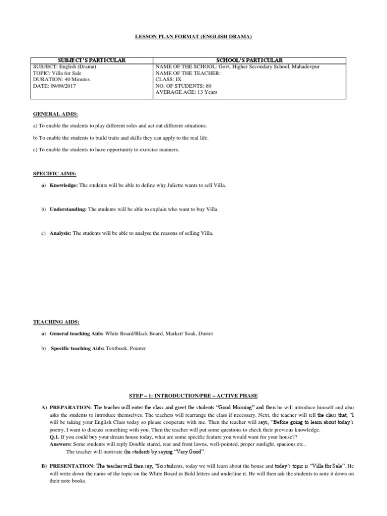 Format of Eng (Drama) Lesson Plan | PDF | Textbook | Lesson Plan