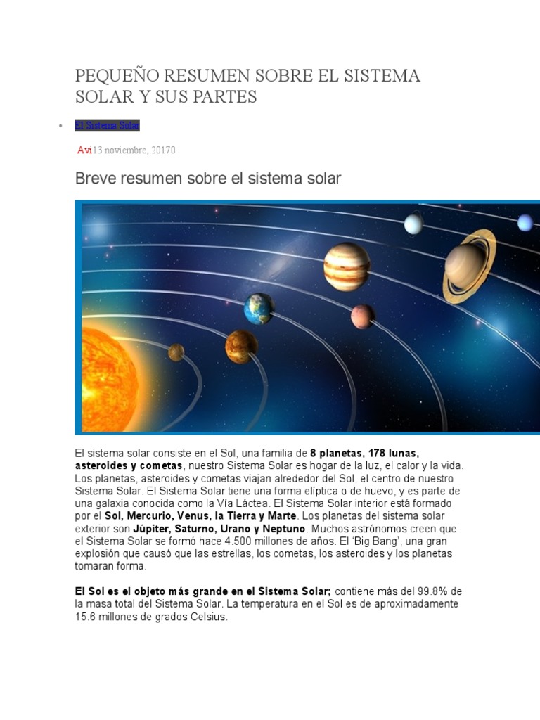 Pequeño Resumen Sobre El Sistema Solar Y Sus Partes | Sistema solar ...