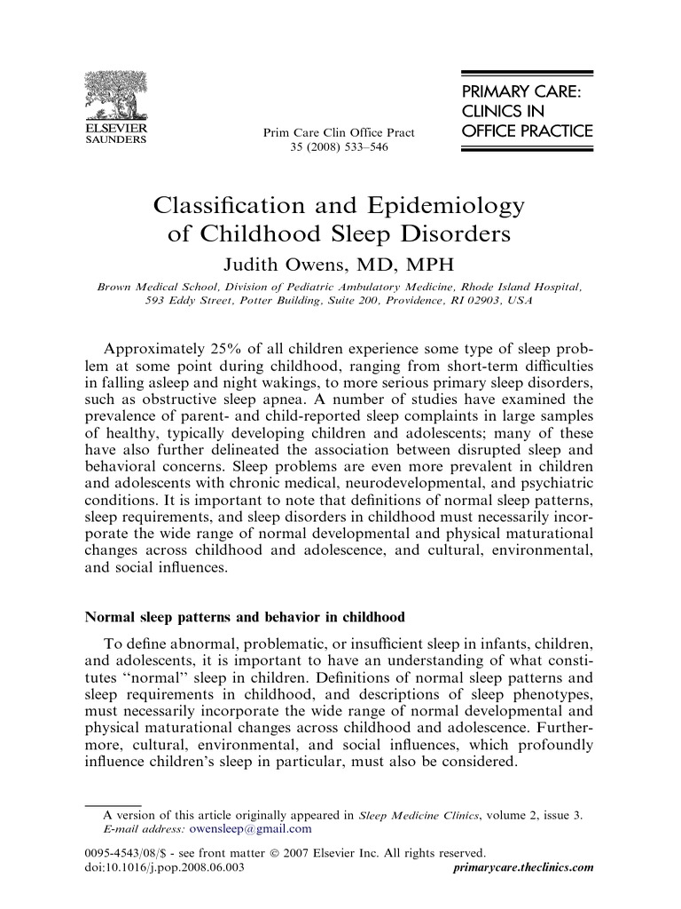Classification and Epidemiology of Childhood Sleep Disorders: Judith ...
