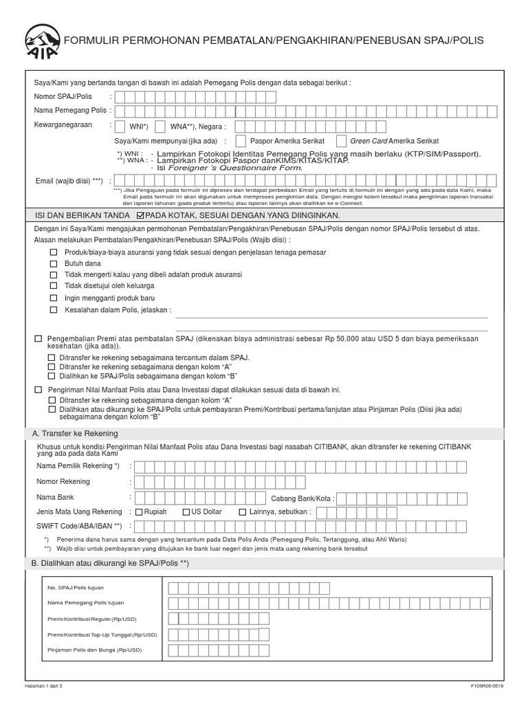 Form Permohonan Aia Blank | PDF