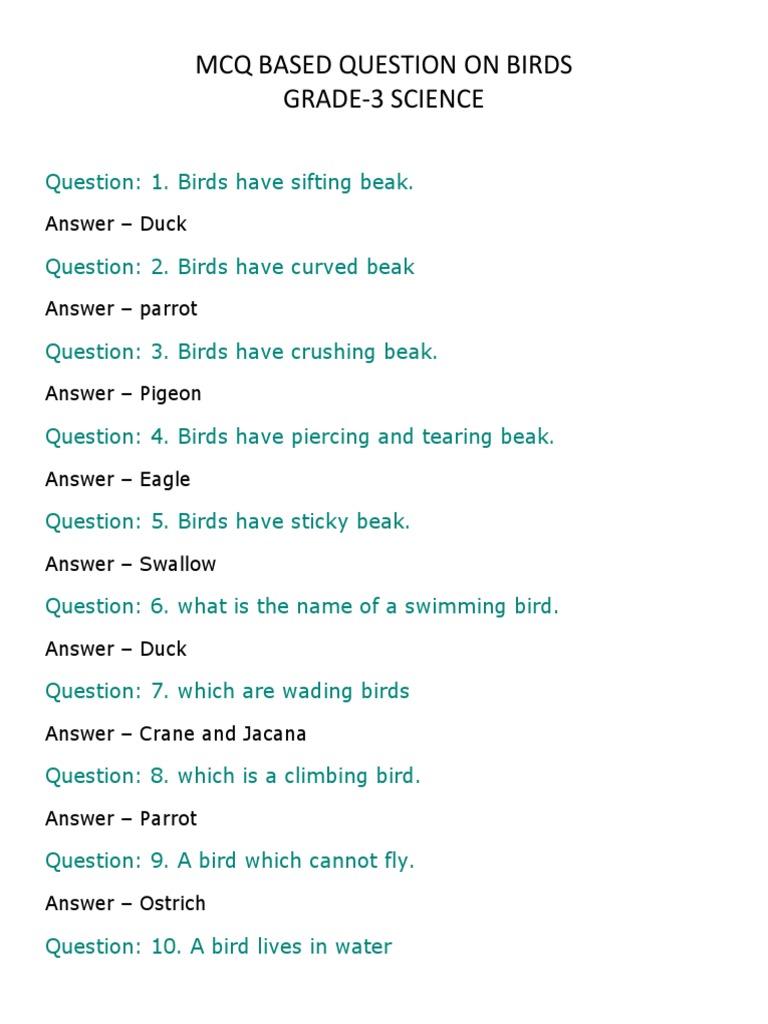 MCQ Based Question On Birds | PDF