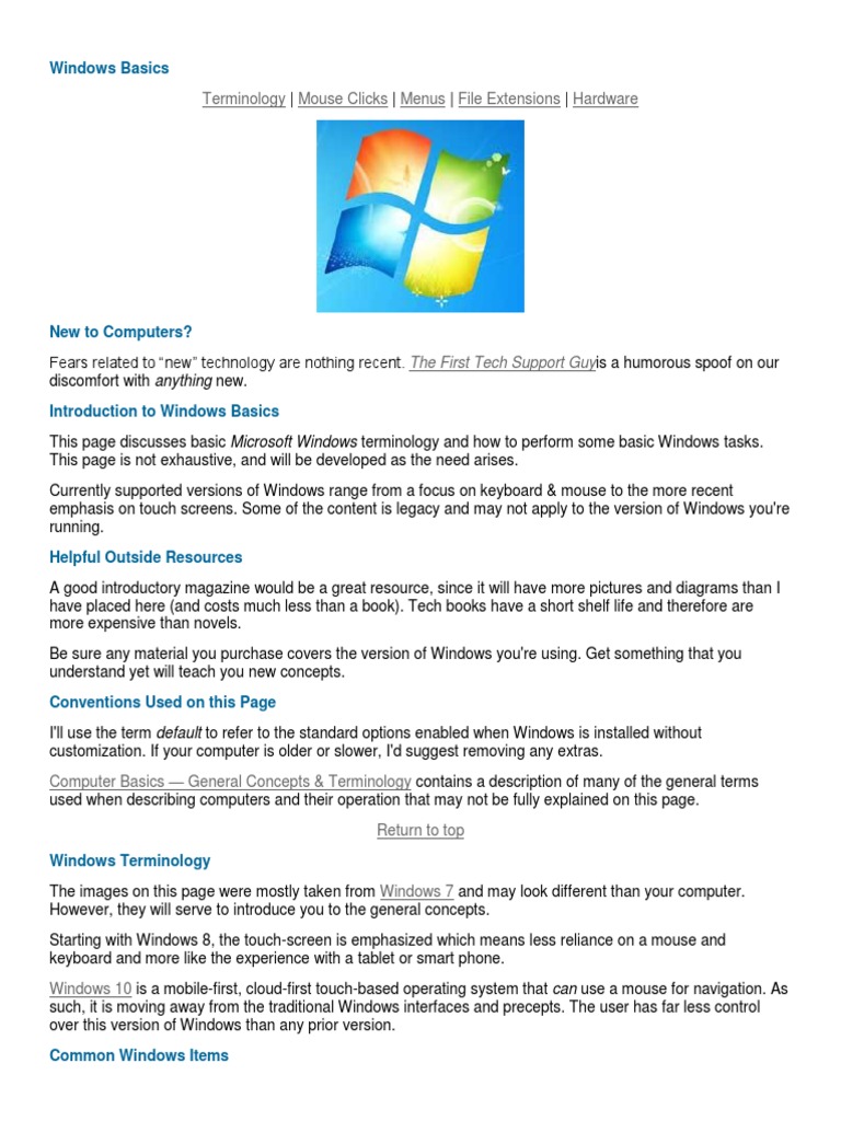 Terminology Mouse Clicks Menus File Extensions Hardware Windows Basics