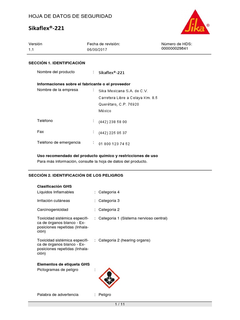 MSDS Sikaflex-221 SP PDF | PDF | Solubilidad | Agua