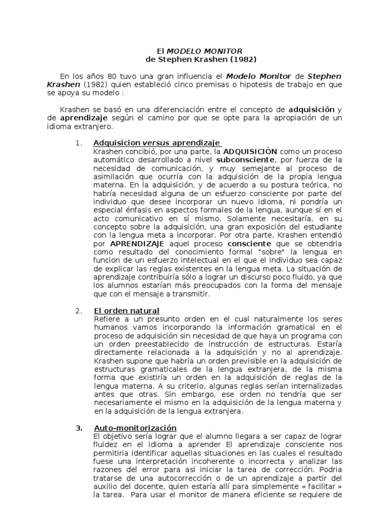 Modelo Monitor de Krashen: 5 Hipótesis | PDF | Aquisición de idioma ...