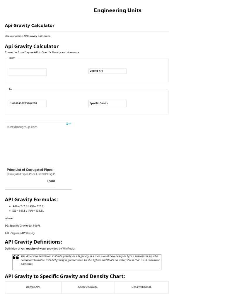 API Gravity Calculator - Crude Oil API Gravity Chart | PDF | Fuel ...