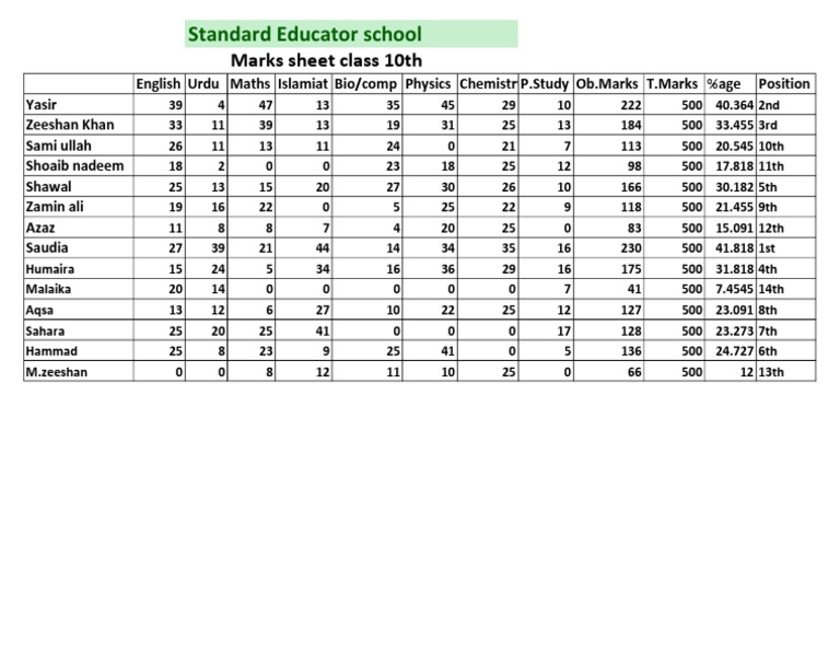 Class 10 Marks Sheet Summary | PDF