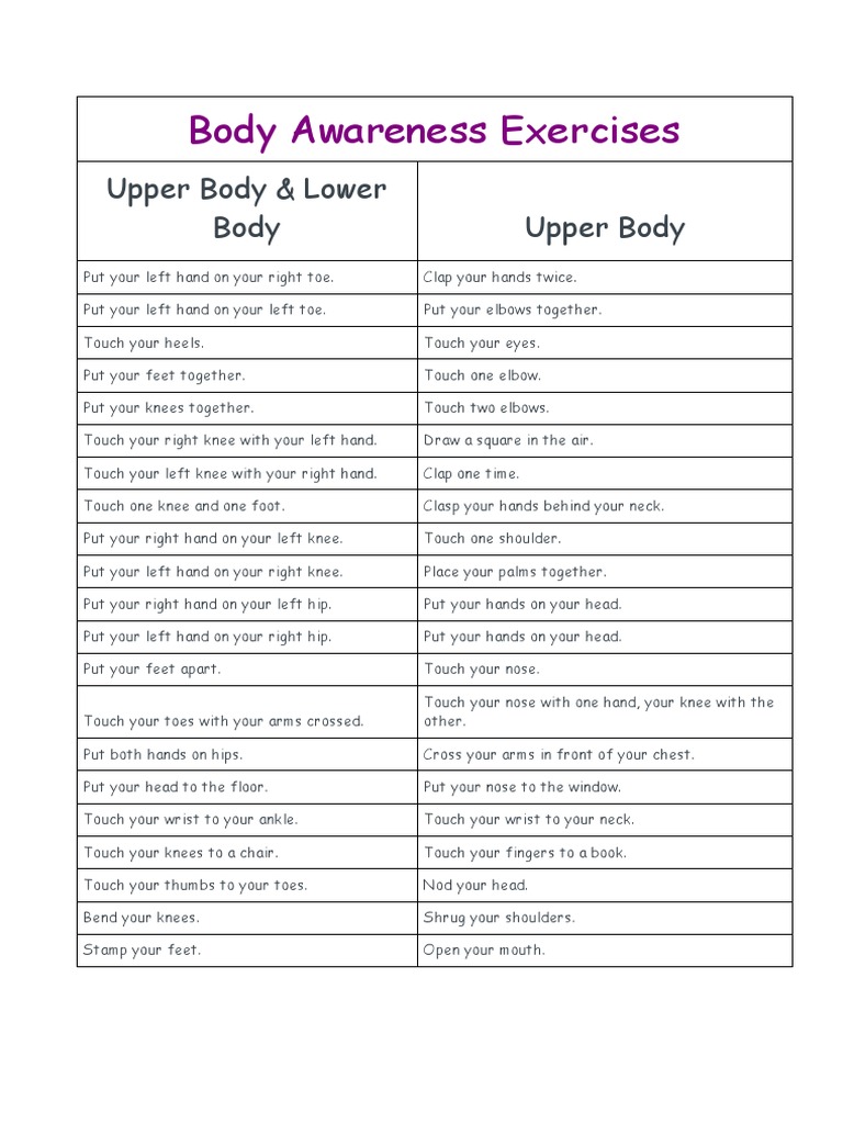Body Awareness Exercises: Upper Body & Lower Body Upper Body | PDF