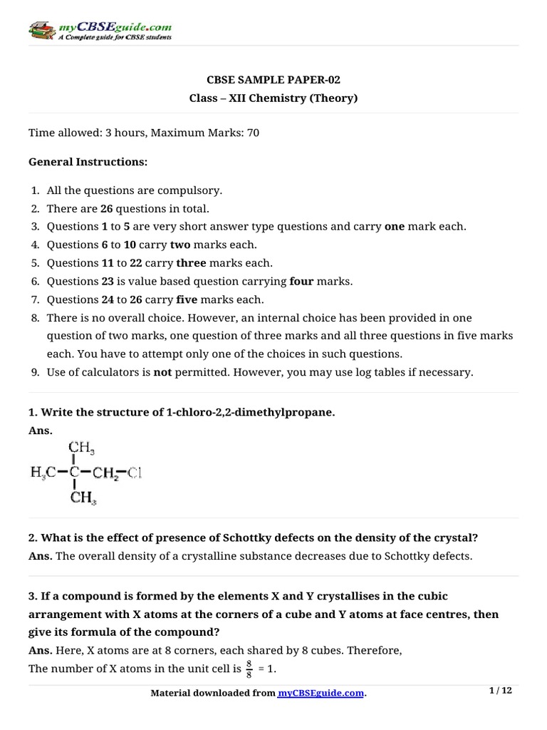 12 Chemistry Sample Paper 2 PDF | PDF | Osmosis | Proteins