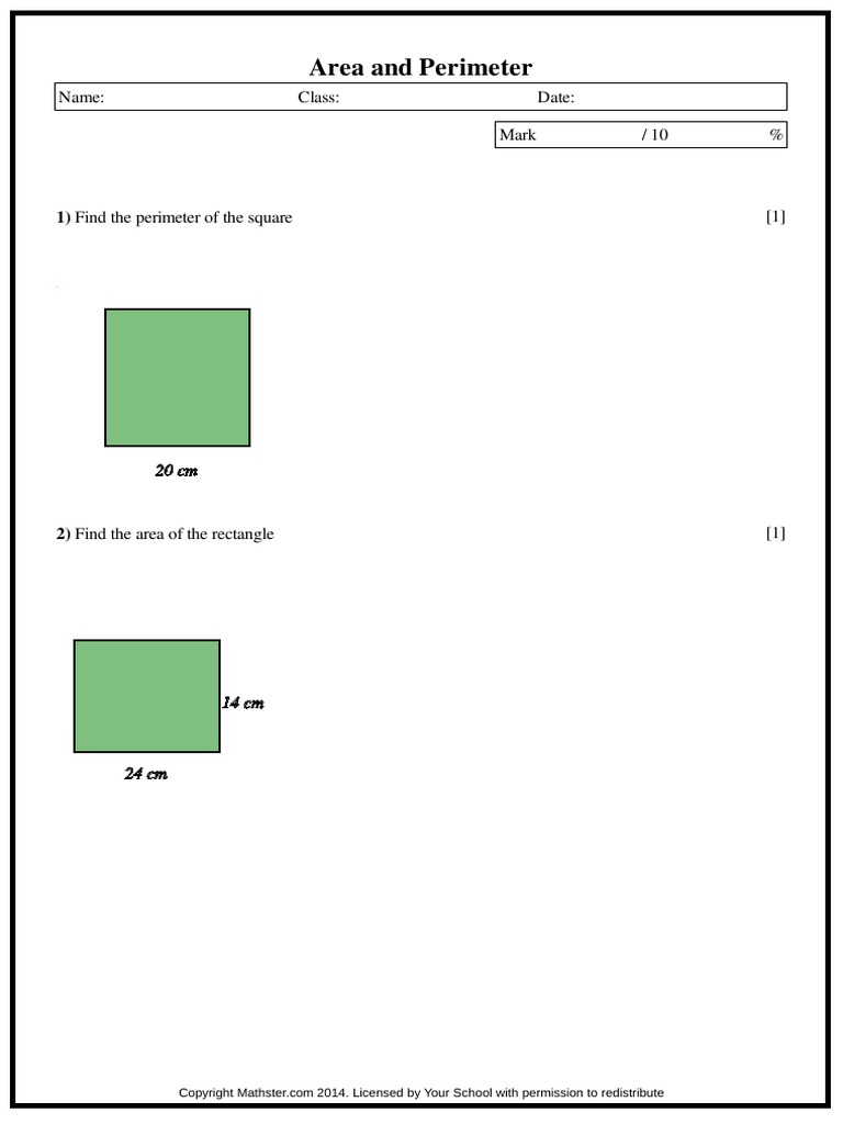 Area and Perimeter: Mark / 10 % Name: Class: Date | PDF | Area | Geometry