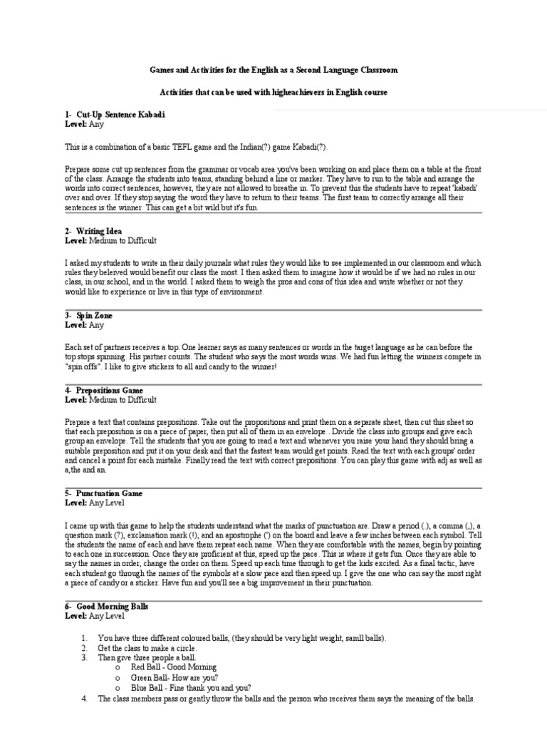 Games and Activities For The English As A Second Language Classroom ...