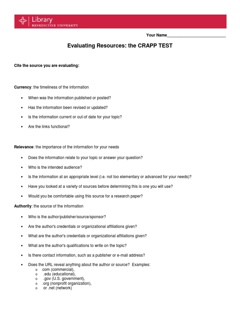 A Guide for Evaluating Information Sources Using the CRAPP Test | PDF ...