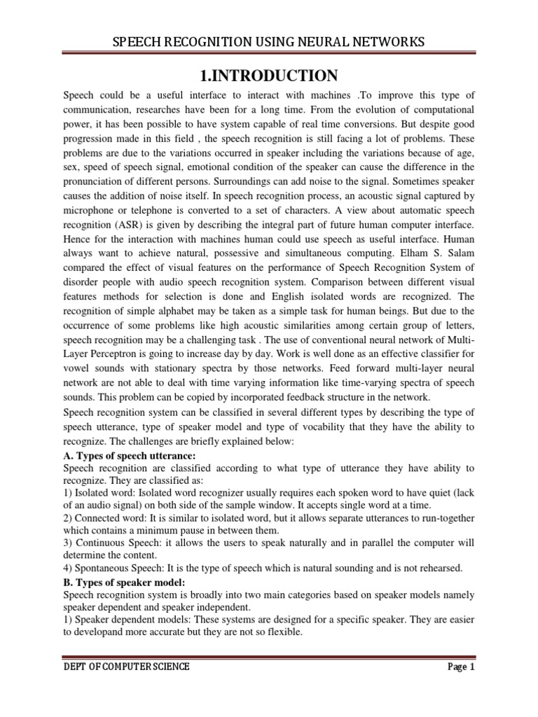 Speech Recognition Using Neural Networks: A. Types of Speech Utterance | PDF | Speech ...