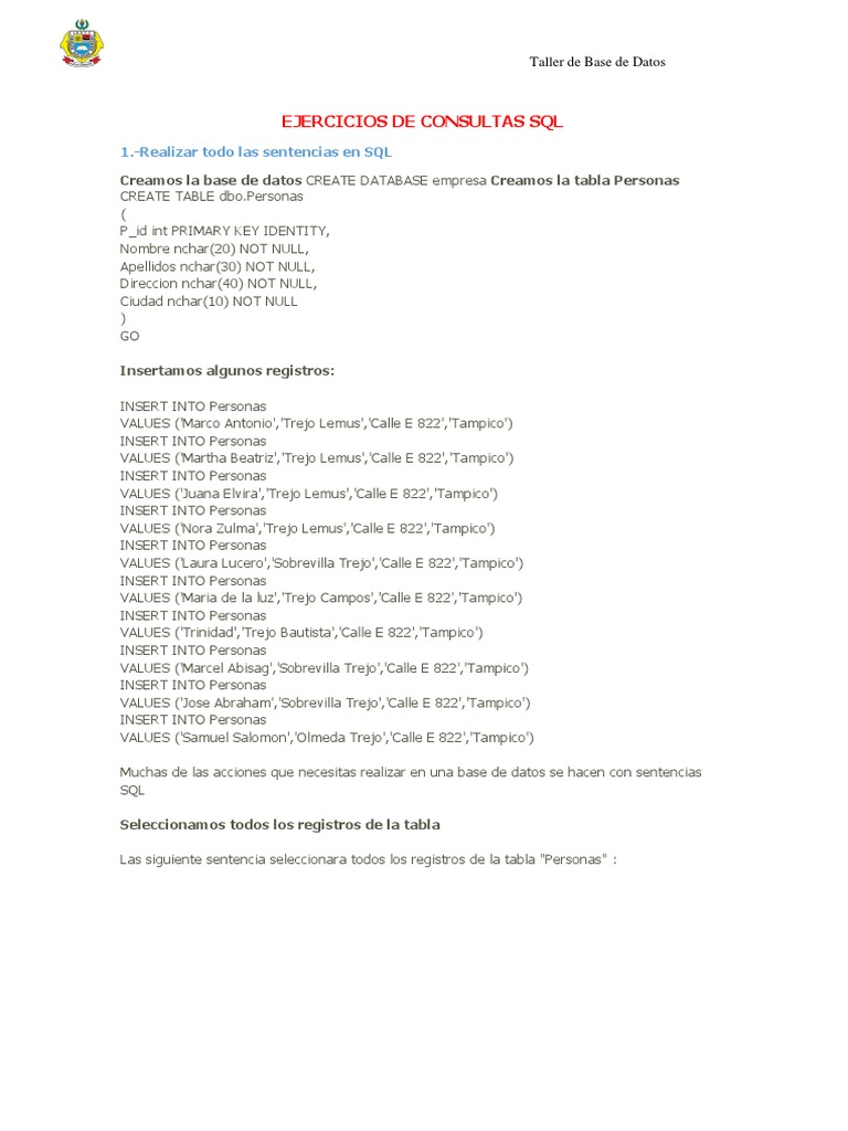 Ejercicio Sentencias SQL PDF | PDF | SQL | Datos de computadora