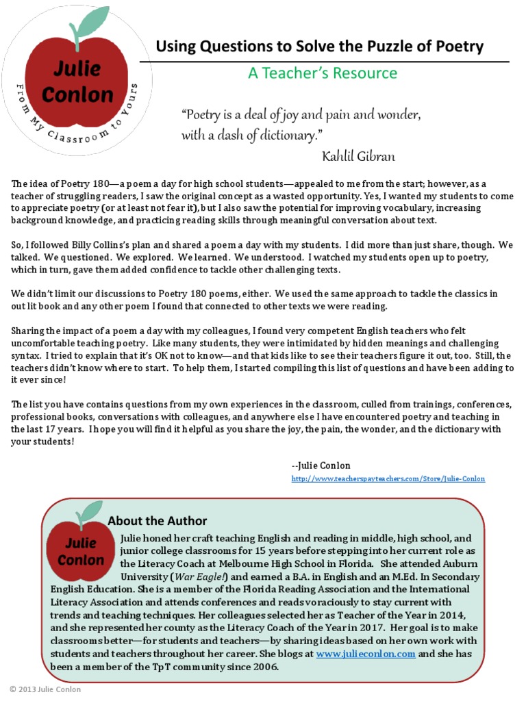 Poetry Analysis Using Questions To Solve The Puzzle of Poetry | PDF ...