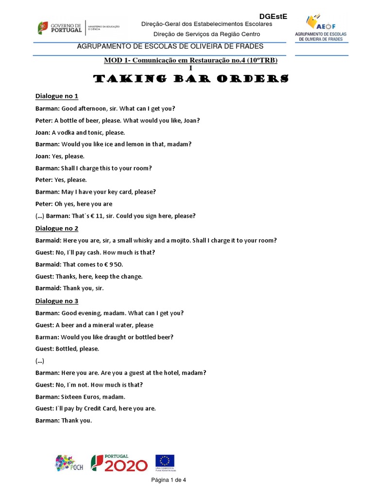 Taking Bar Orders - Dialogues | PDF | Cocktails | Drink