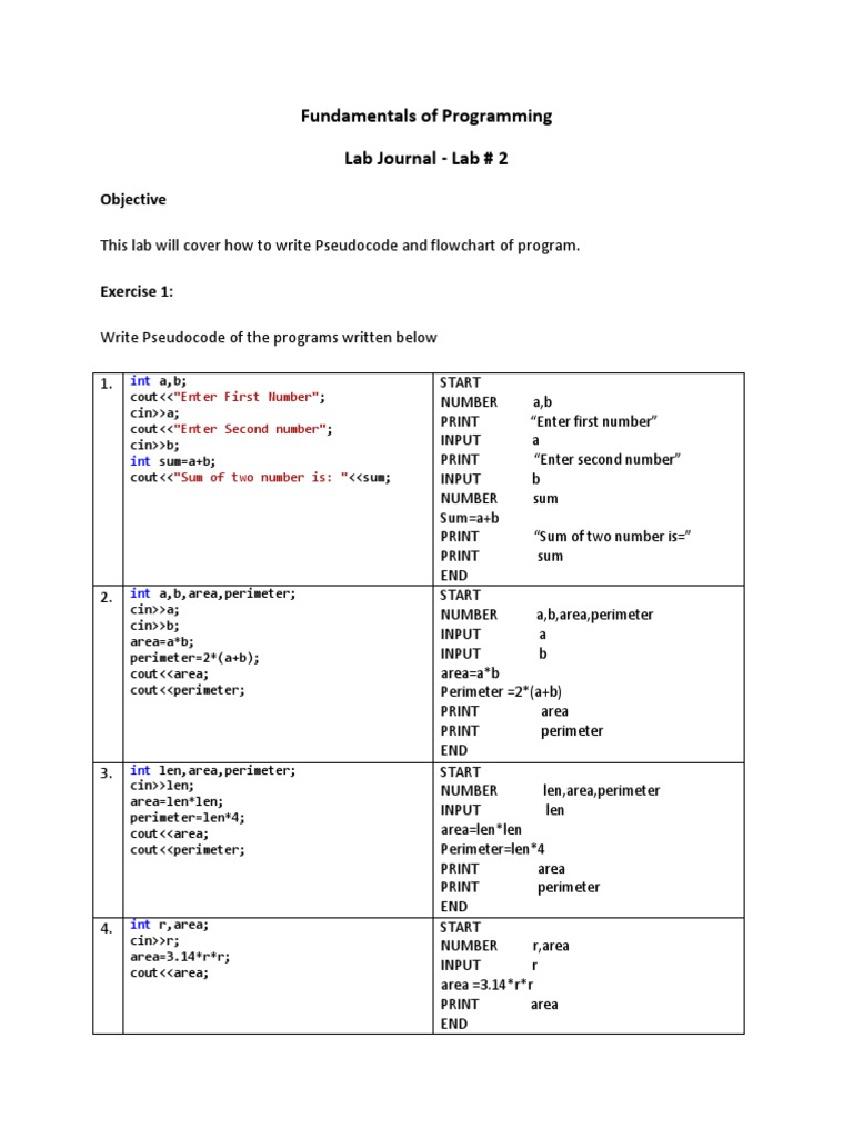 Fundamentals of Programming Lab Journal - Lab # 2: Objective | PDF | Elementary Geometry ...