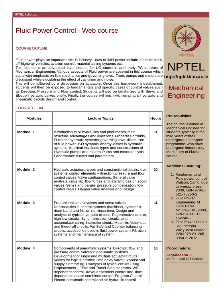 An Introduction to Fluid Power Control: A Course Outline Covering ...