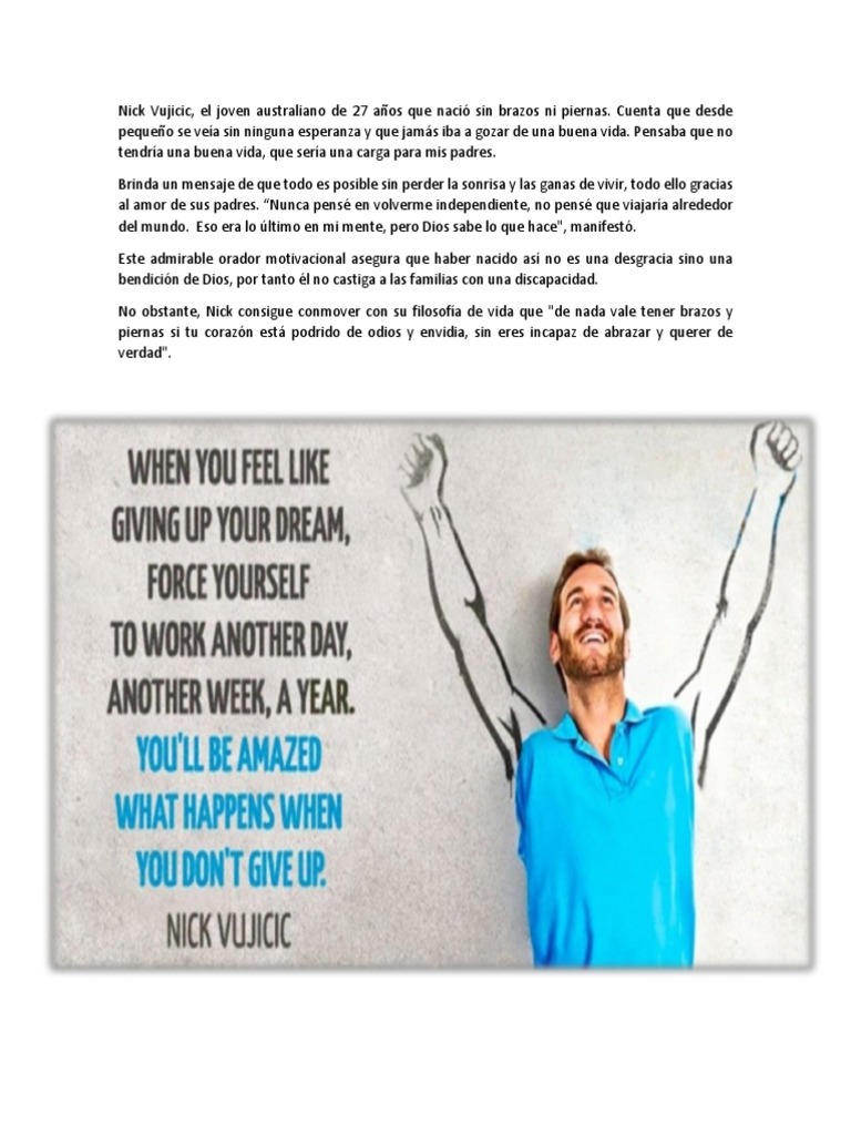 La inspiradora vida de Nick Vujicic | PDF | Salud y bienestar | Estilo ...