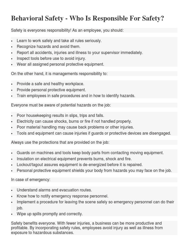 Behavioral Safety - Who Is Responsible For Safety? | PDF