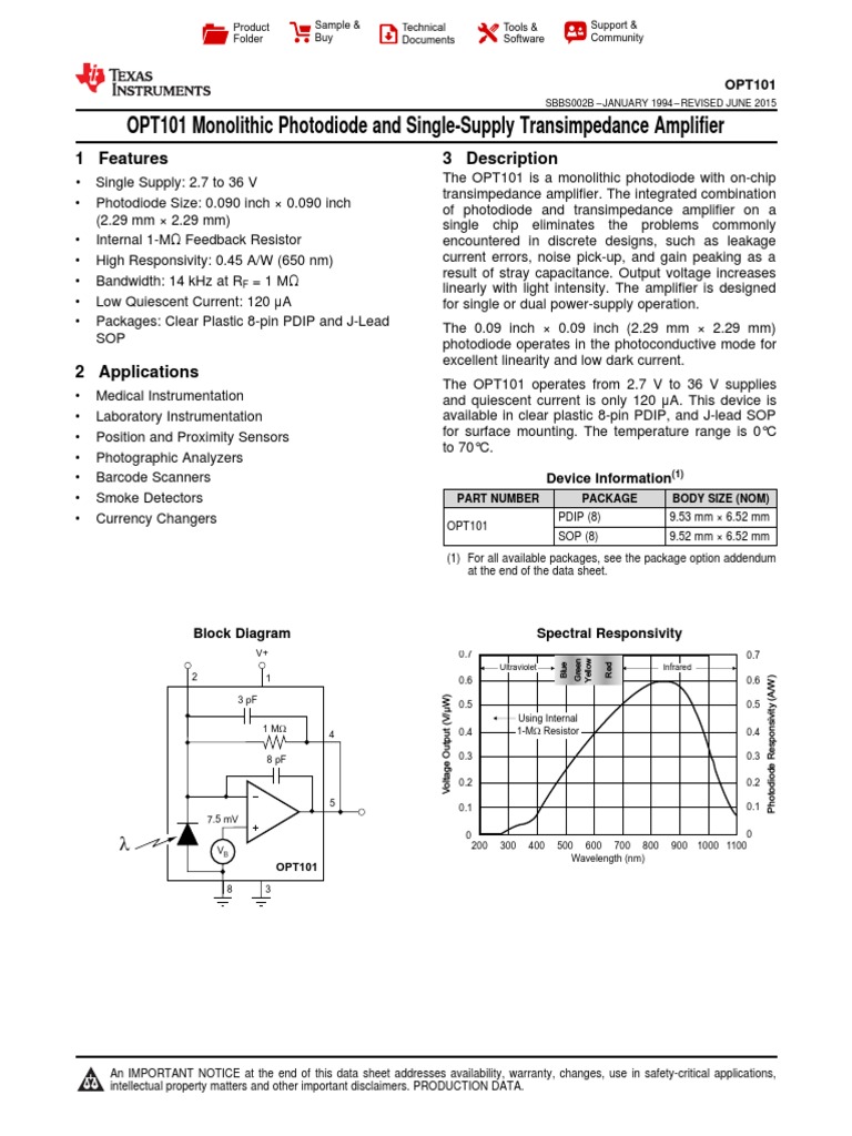 OPT101 Monolithic Photodiode and Single-Supply Transimpedance Amplifier ...