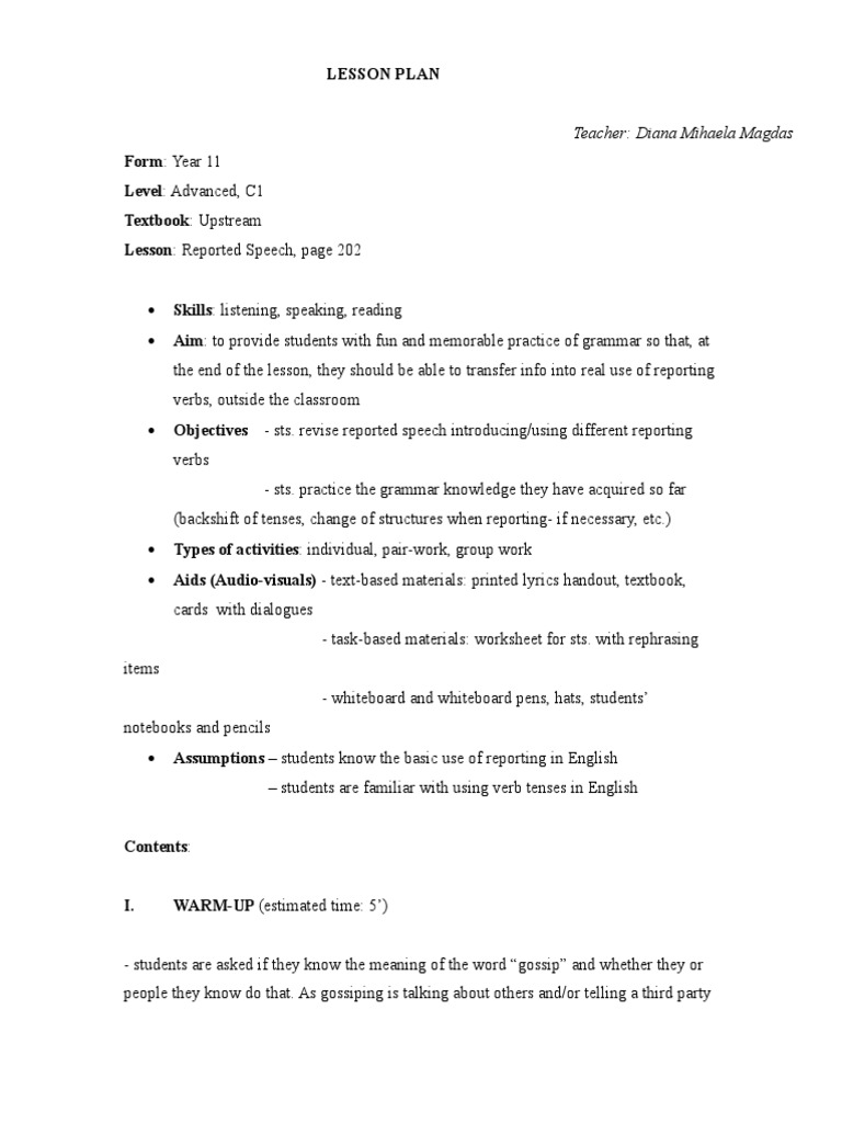 Lesson Plan Reported Speech Year 11 | PDF | Lesson Plan | Sentence ...