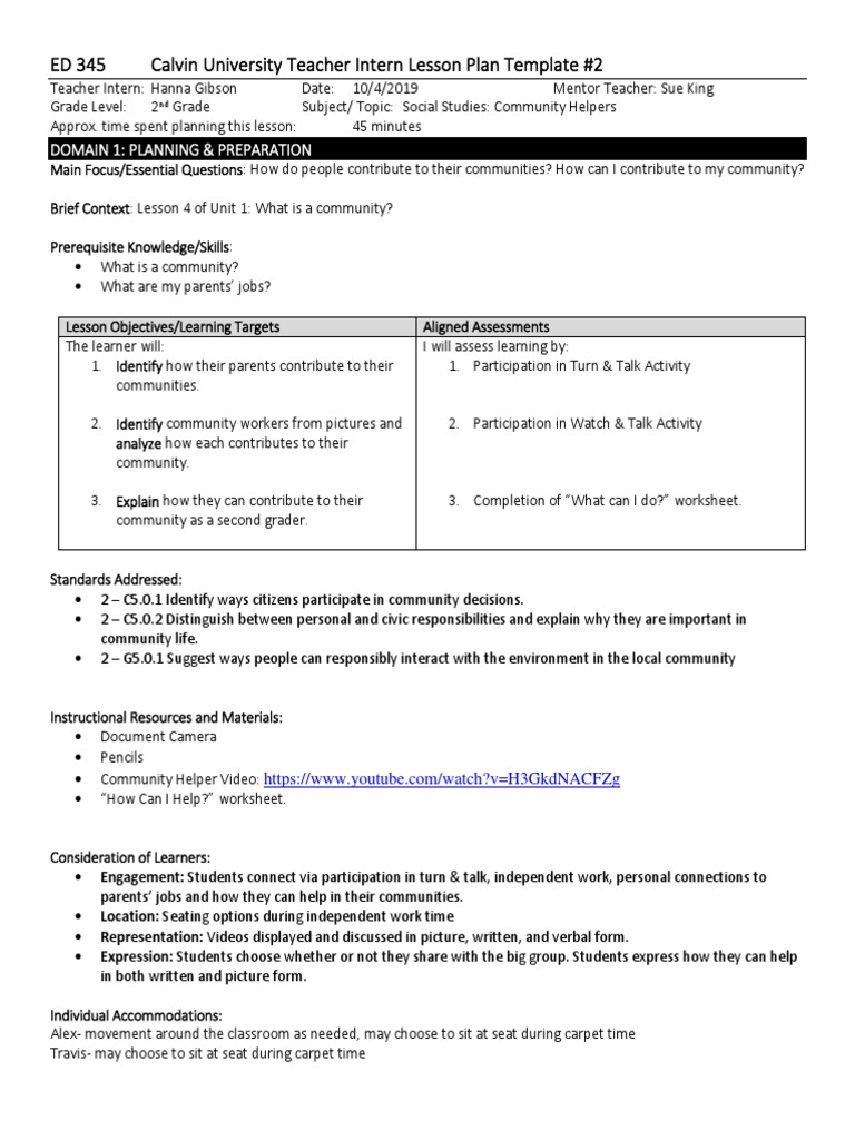 Community Helpers Lesson Plan for 2nd Grade | PDF | Teachers | Lesson Plan