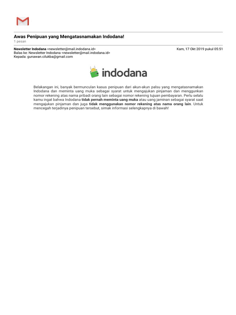 Gmail - Awas Penipuan Yang Mengatasnamakan Indodana! PDF | PDF
