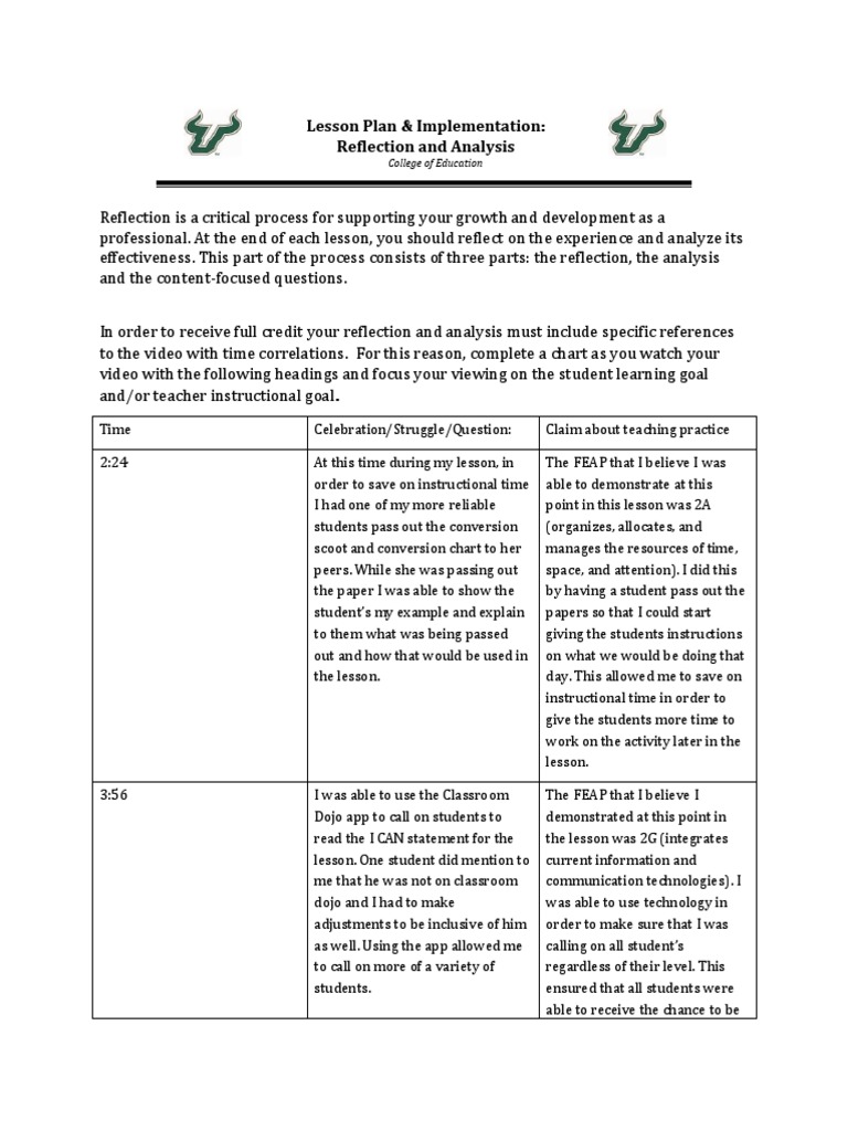 Lesson Plan & Implementation: Reflection and Analysis: College of ...