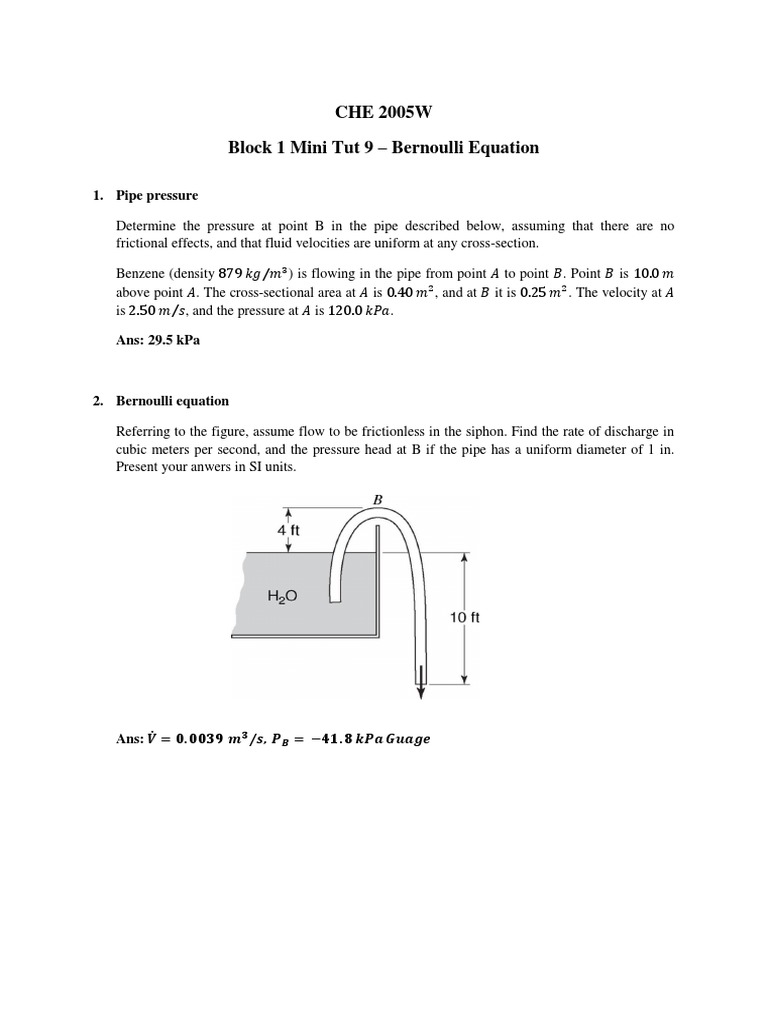 CHE2005W Block 1 Minitut 9 - Bernoulli Equation | PDF