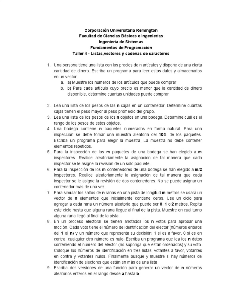 Fundamentos de Programación en Python Taller 4 - Listas, Vectores y ...