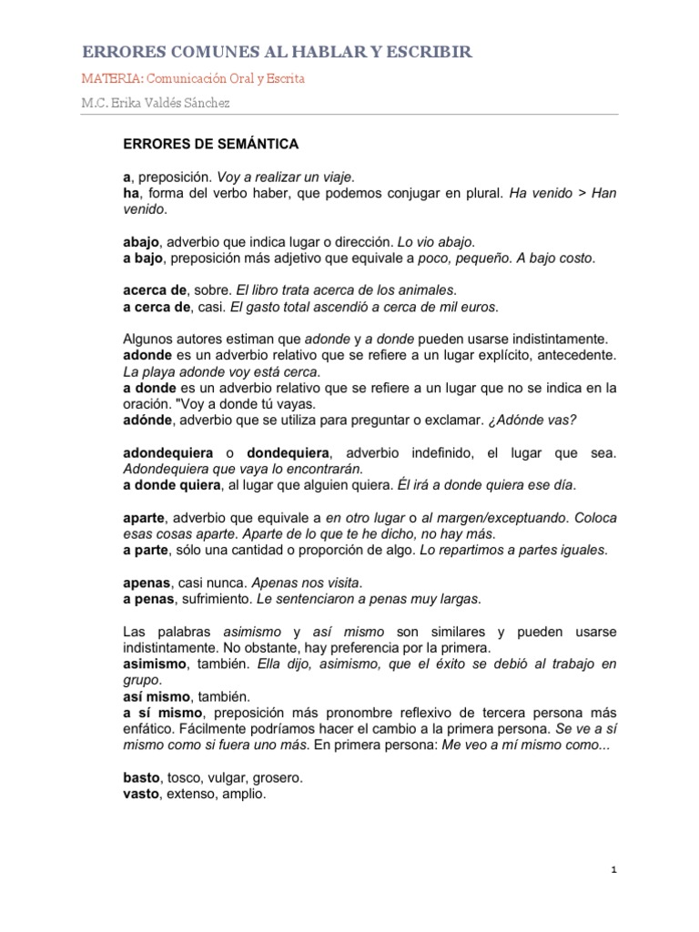 Errores Comunes Al Hablar y Escribir. | PDF | Lingüística | Sintaxis