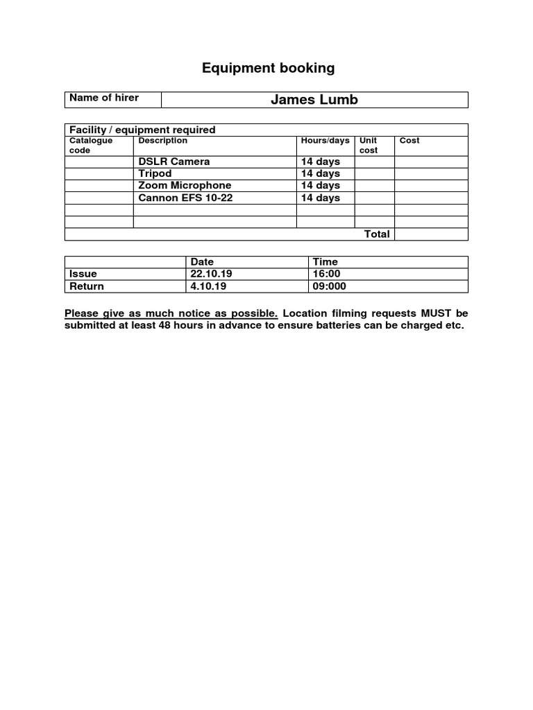 Equipment Booking Form | PDF | Hazards | Risk