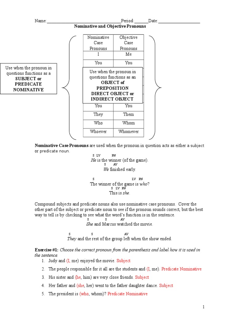 Nominative and Objective Pronouns Guide | PDF | Object (Grammar ...