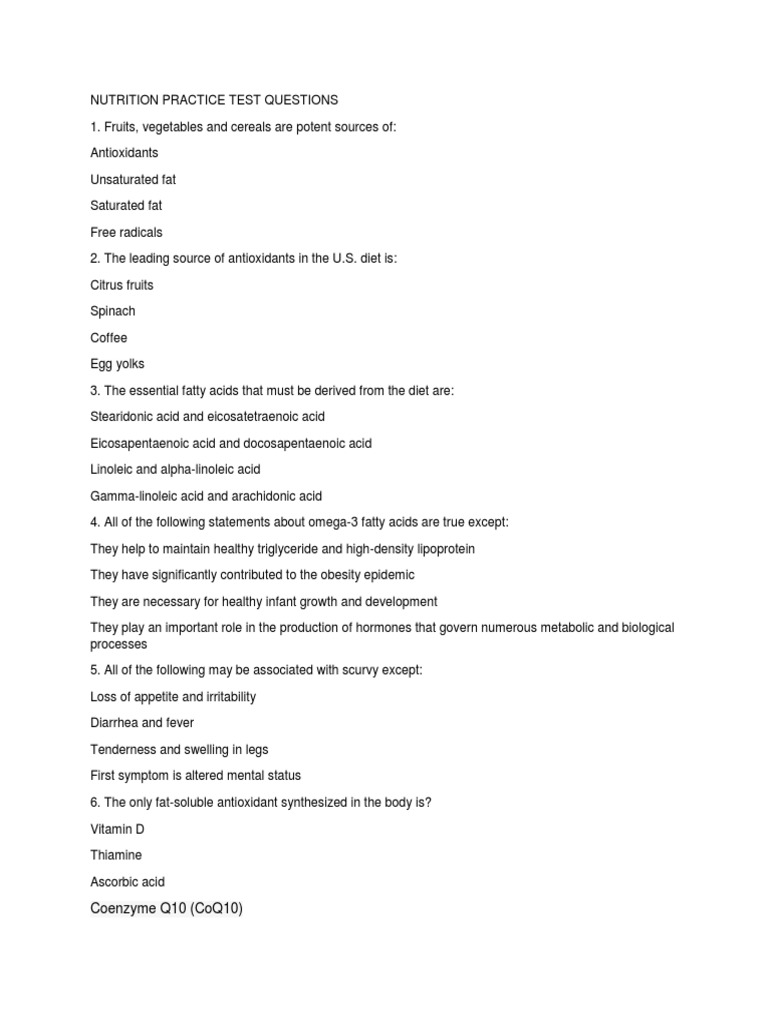 Nutrition Practice Test Questions | PDF | Vitamin | Nutrition